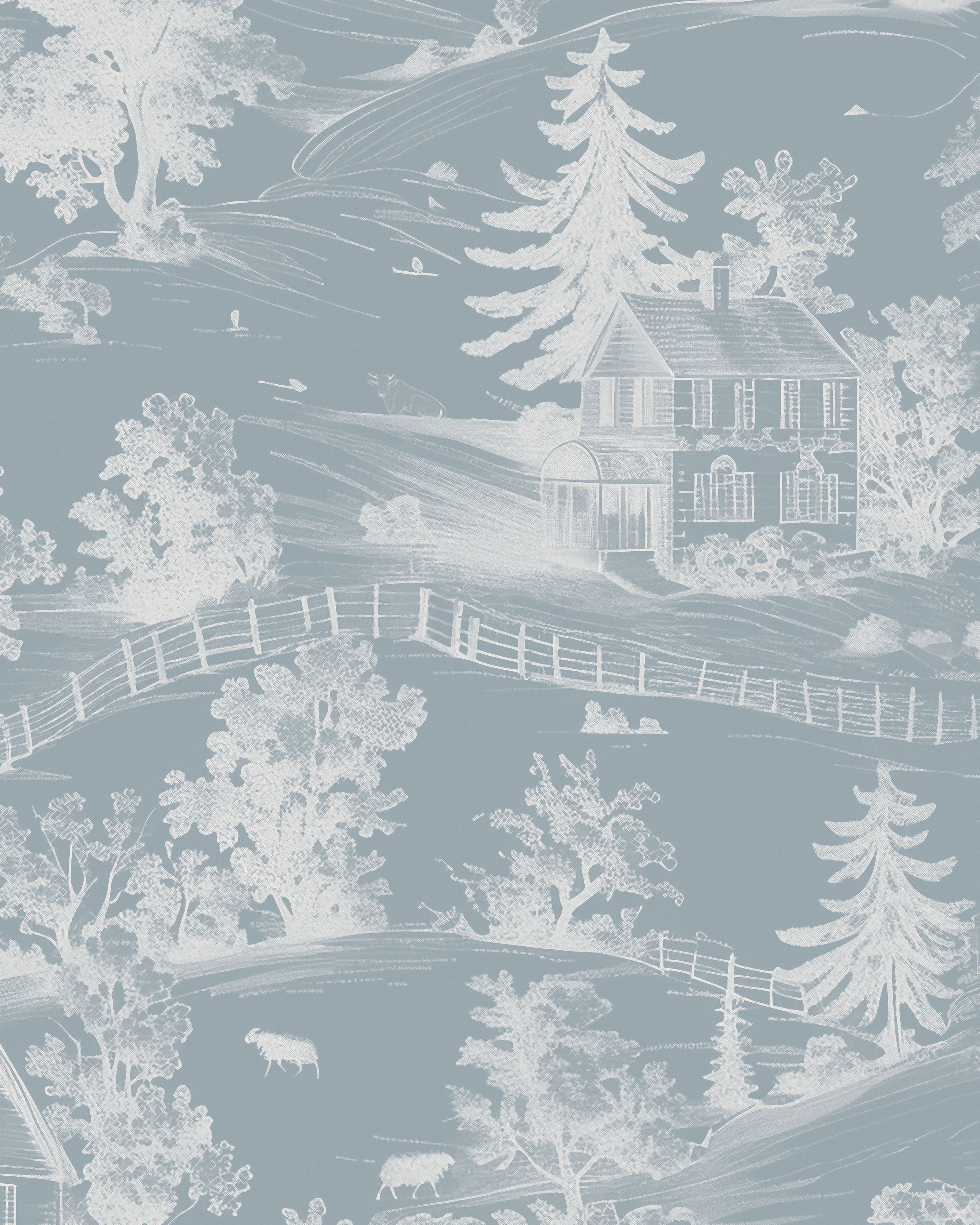 Greenly Living Homestead Wallpaper in Dusty Sky Blue | Vintage Country ...