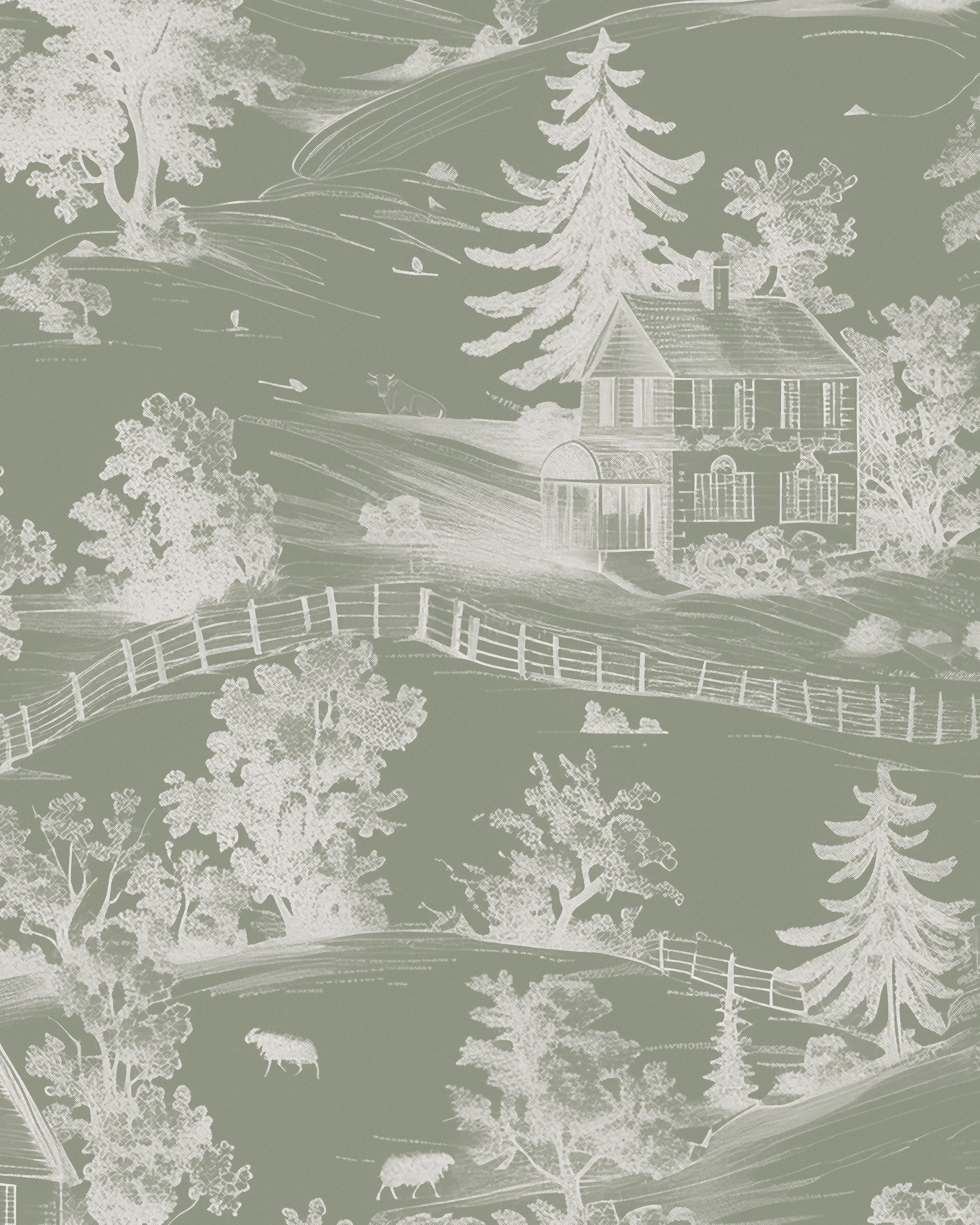 Greenly Living Homestead Wallpaper in Sage Green | Vintage Country ...