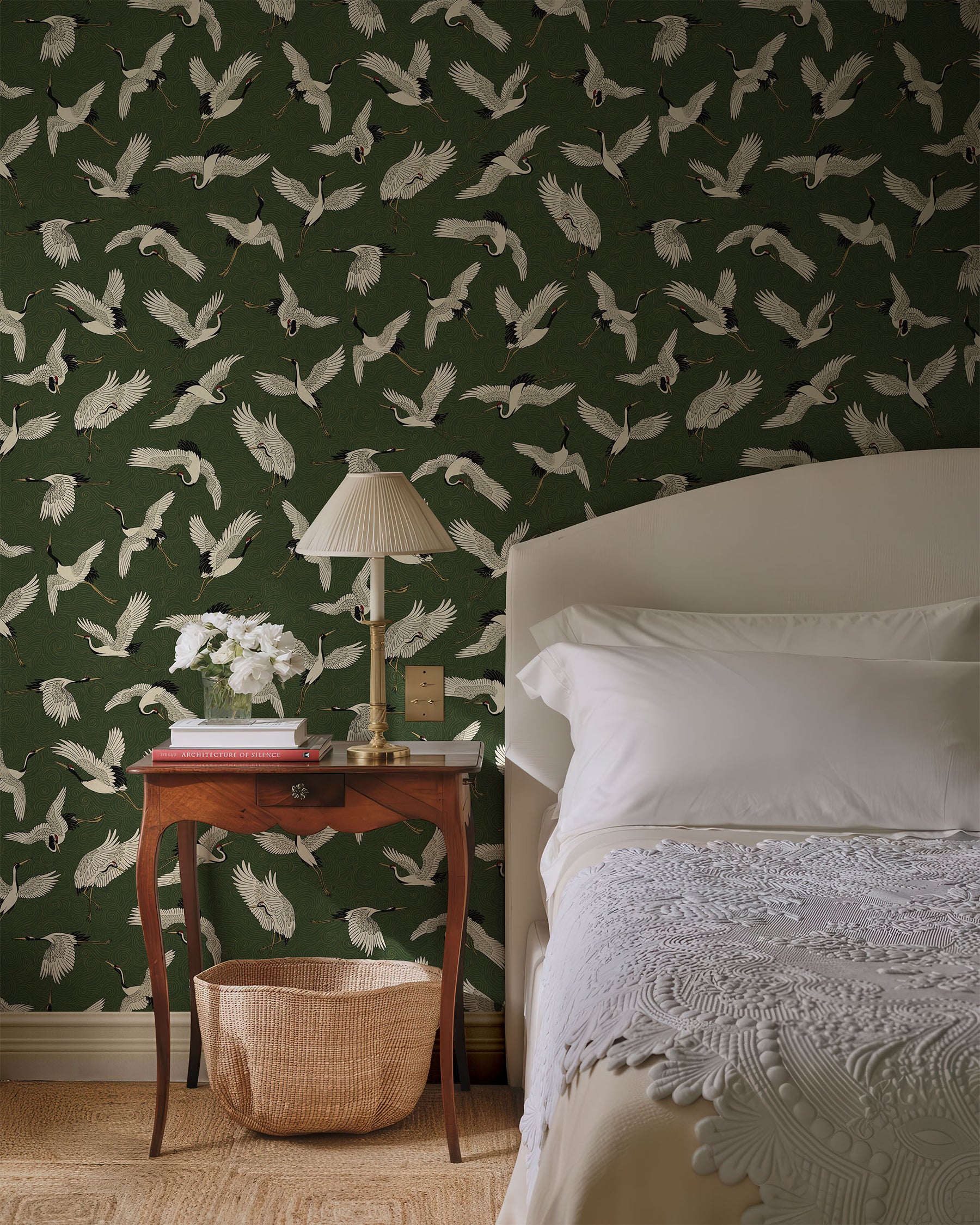 Greenly Living - Flying Cranes Wallpaper in Gilded Emerald Green ...