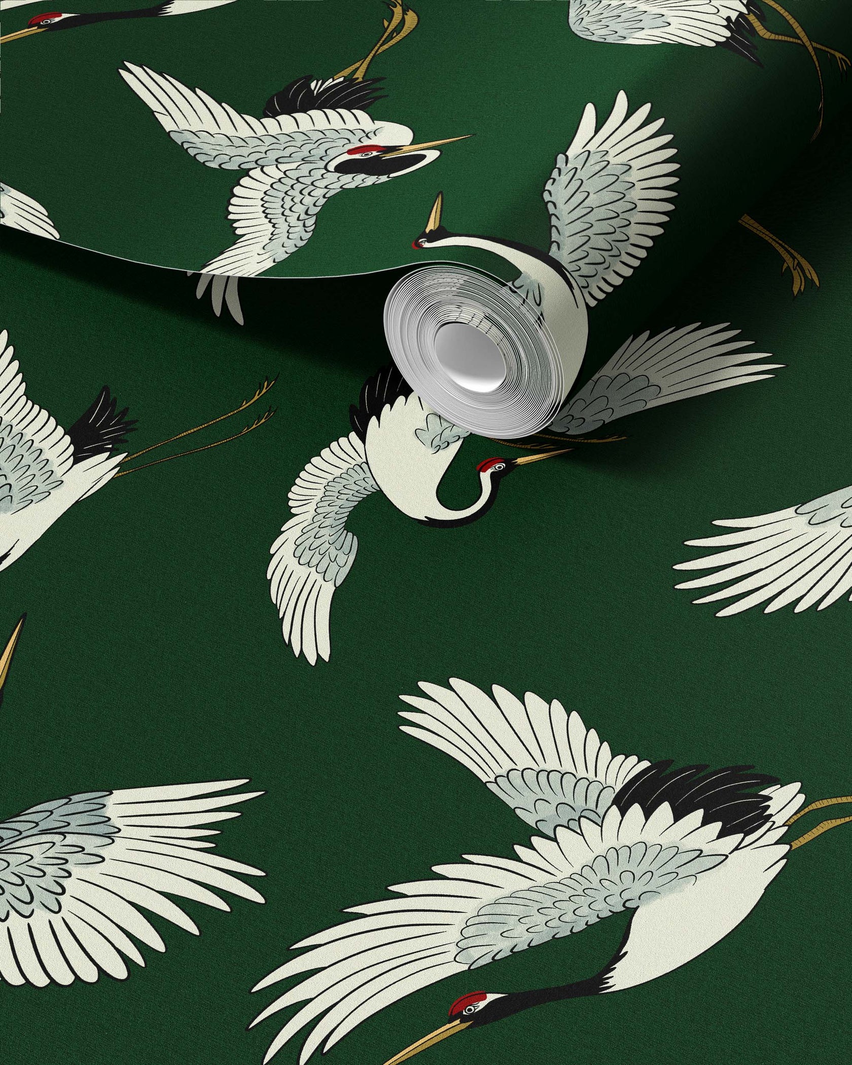 Flying Cranes Wallpaper in Emerald Green | Asian Oriental Bird Wallcovering | Bold Eclectic ...