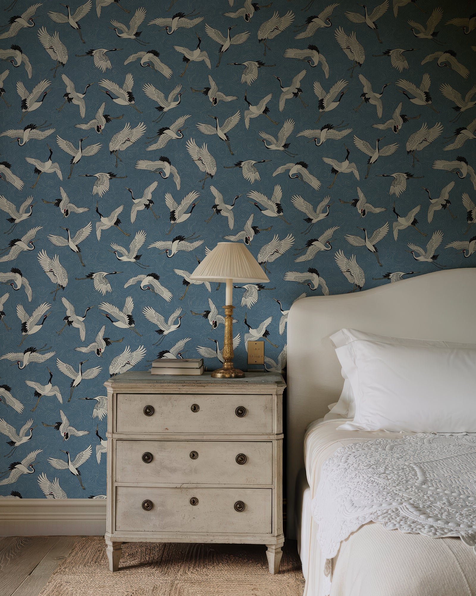 Greenly Living - Flying Cranes Wallpaper in Indigo Blue | Oriental Chinoiserie Nature Heron ...