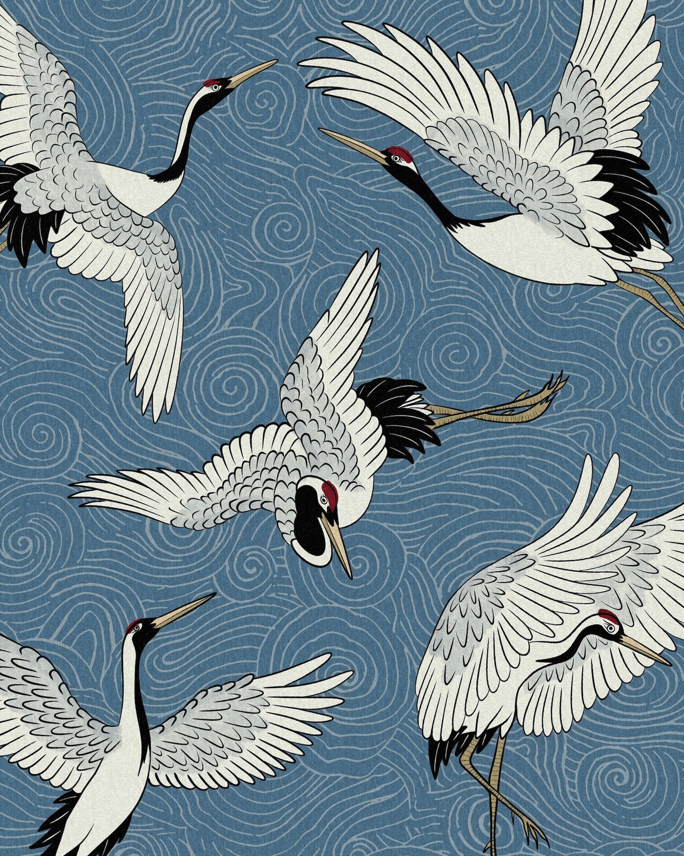 Greenly Living - Flying Cranes Wallpaper in Indigo Blue | Oriental Chinoiserie Nature Heron ...