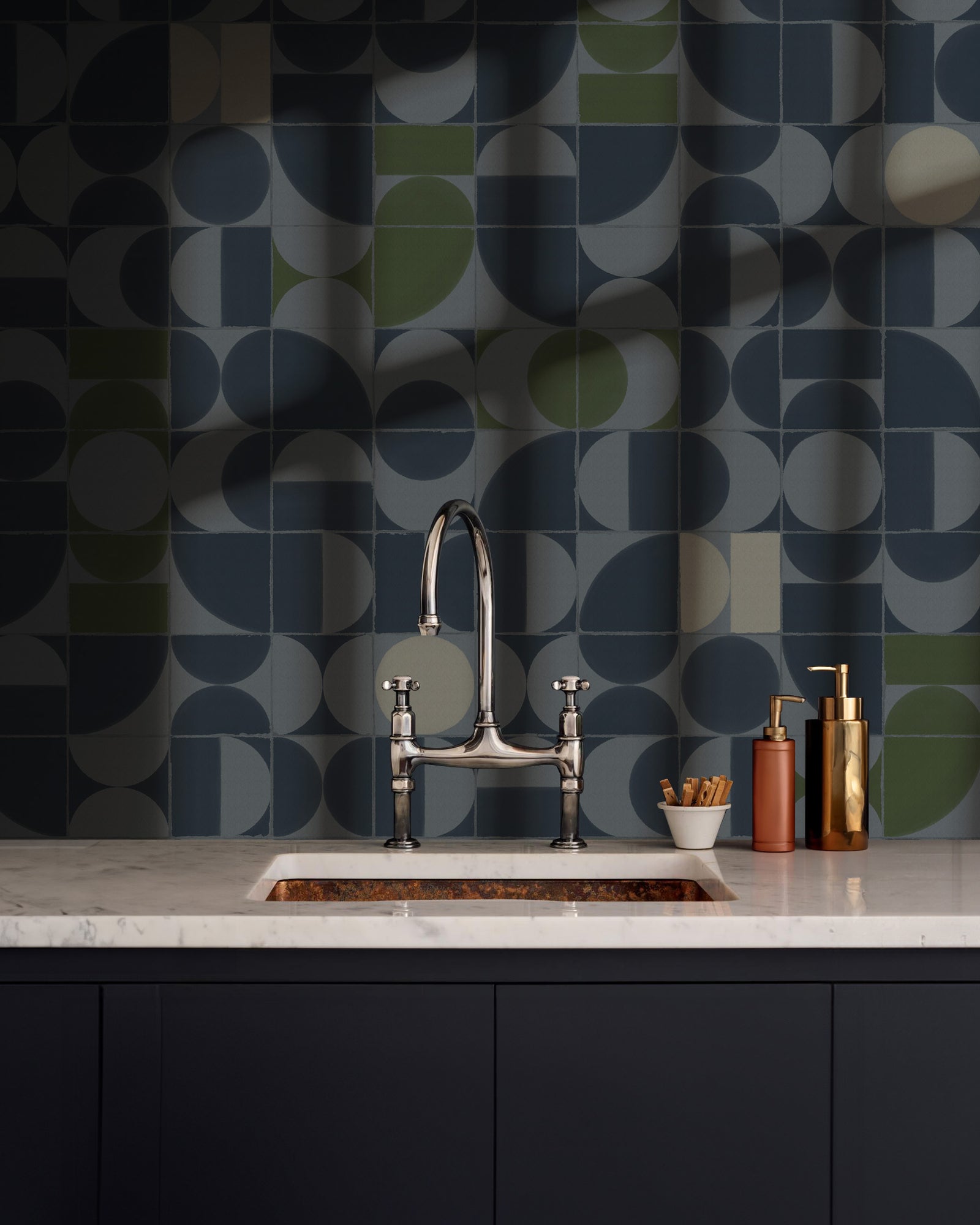 Greenly Living Bauhaus Tile Wallpaper in Midnight Blue | Modern Art ...