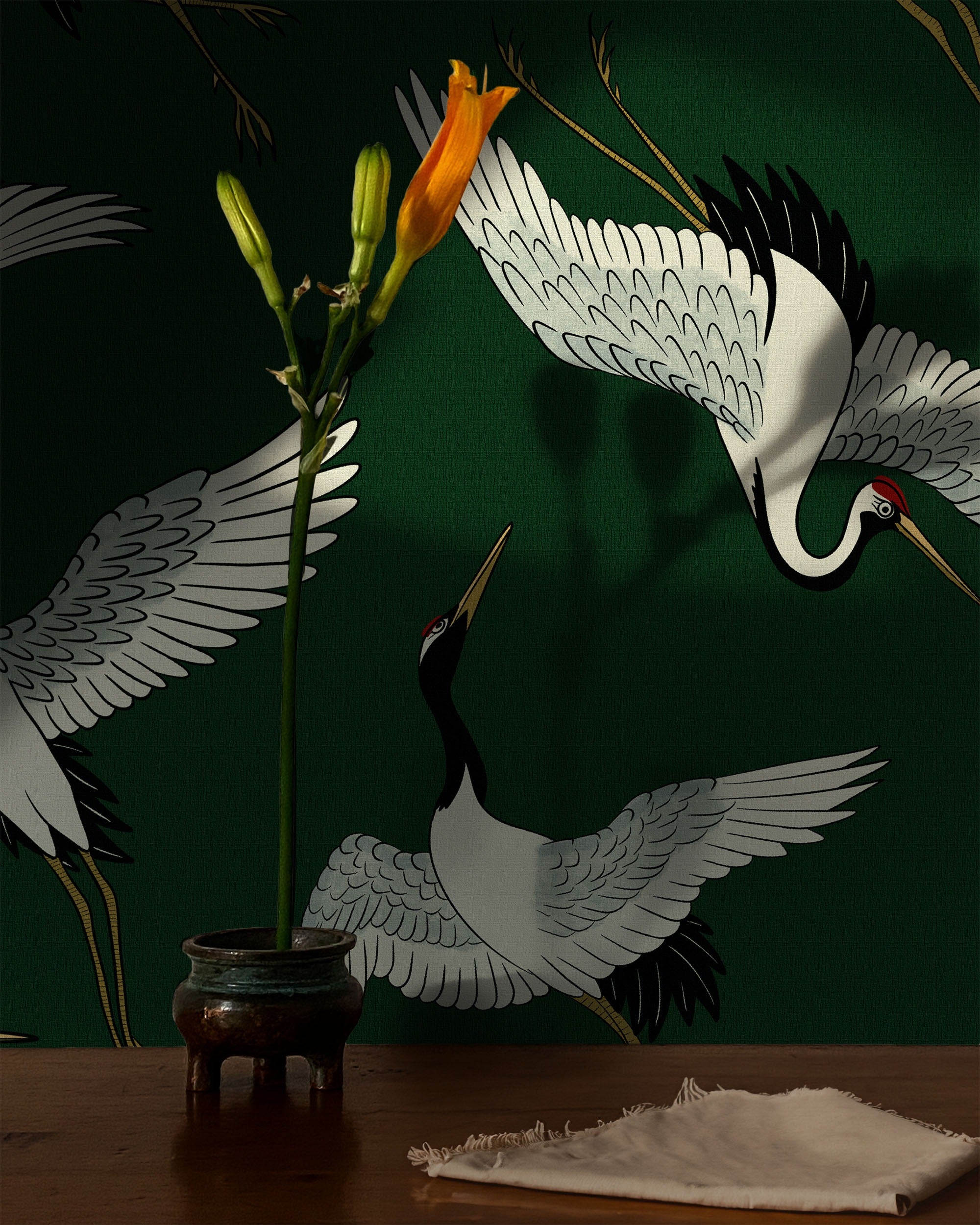 Flying Cranes Wallpaper in Emerald Green | Asian Oriental Bird Wallcovering | Bold Eclectic ...